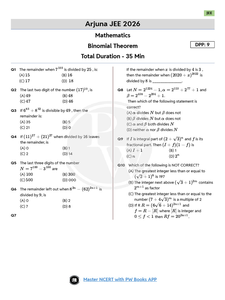 Binomial Theorem DPP 09 (of Lec 11) | PDF | Algebra | Numbers