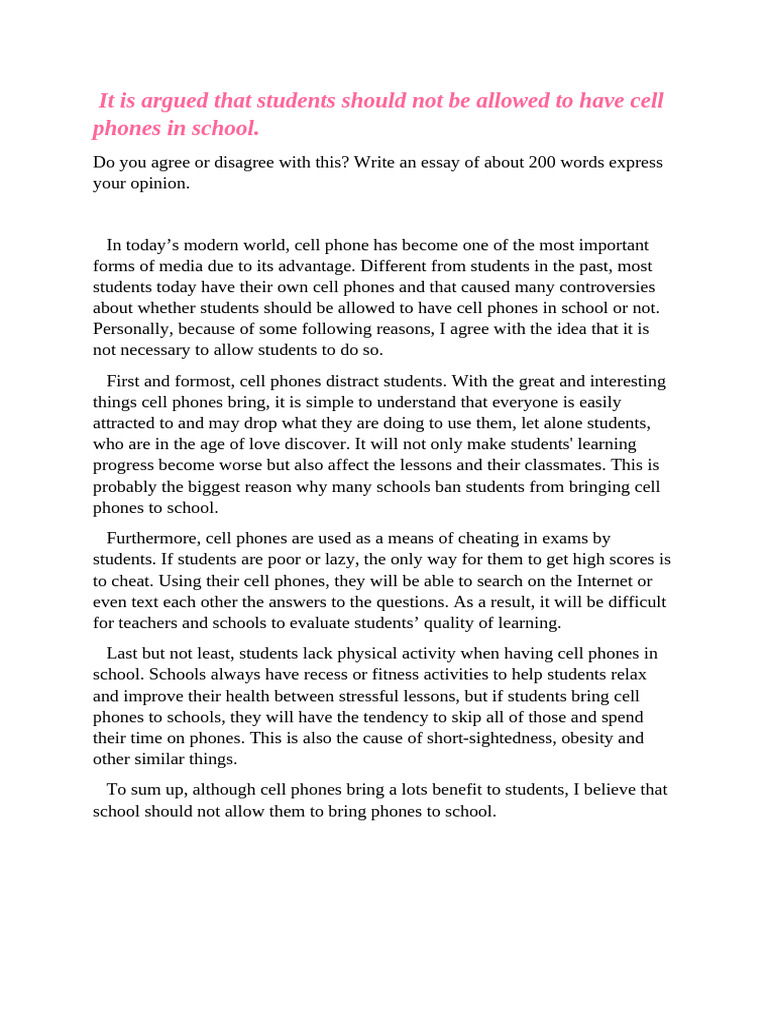It Is Argued That Students Should Not Be Allowed To Have Cell Phones in ...