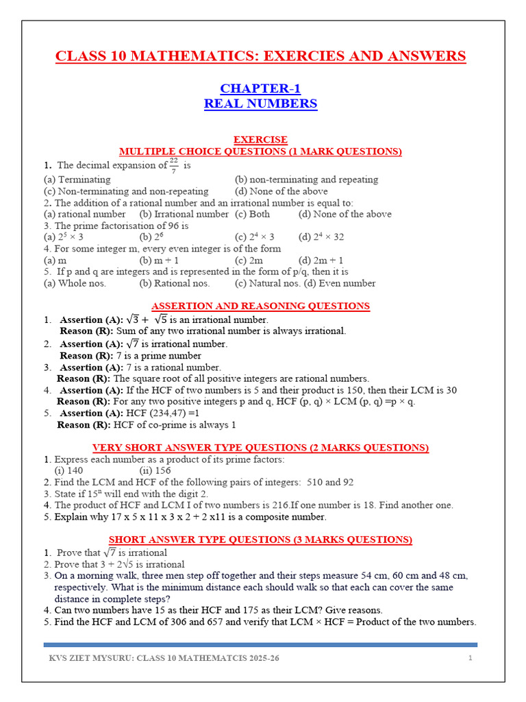 Class 10 Mathematics Exercises & Answers | PDF | Numbers | Polynomial