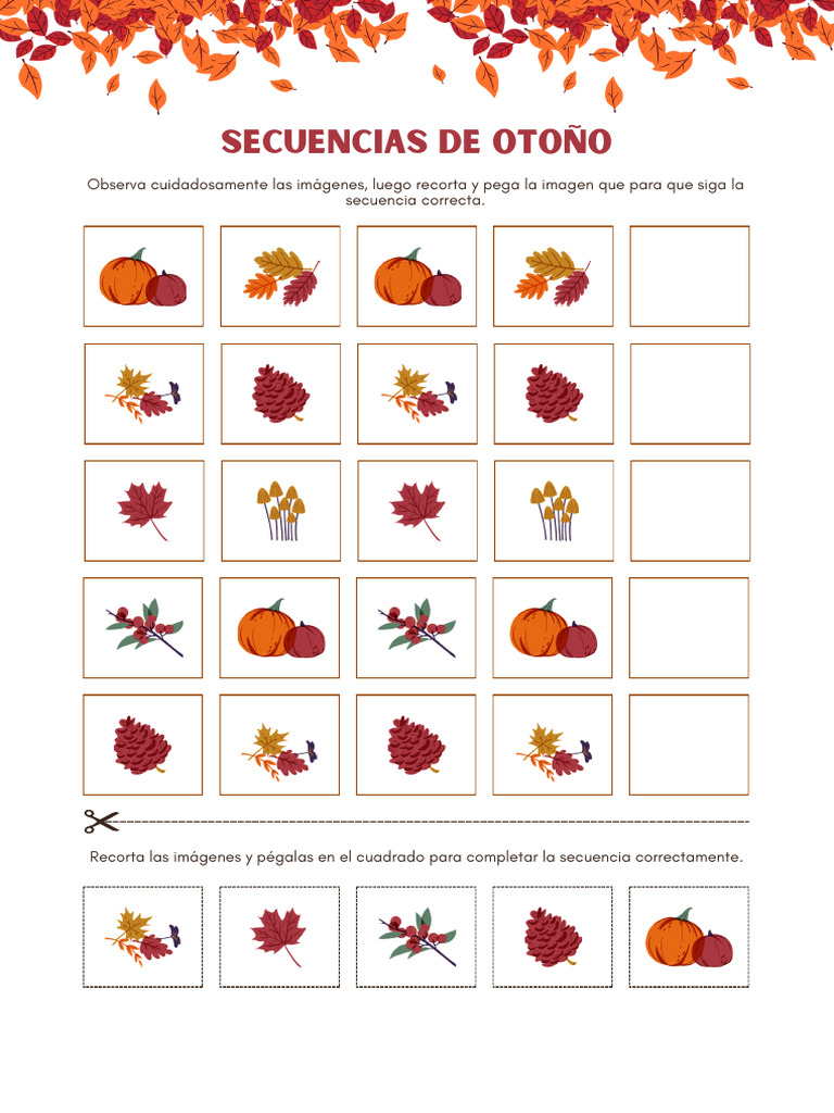 Hoja de Trabajo Imprimible Secuencias de Otoño Sencillo Naranja | PDF