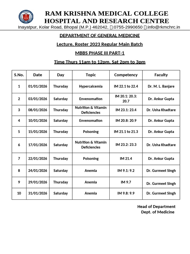 Lecture Roster January 2026 | PDF
