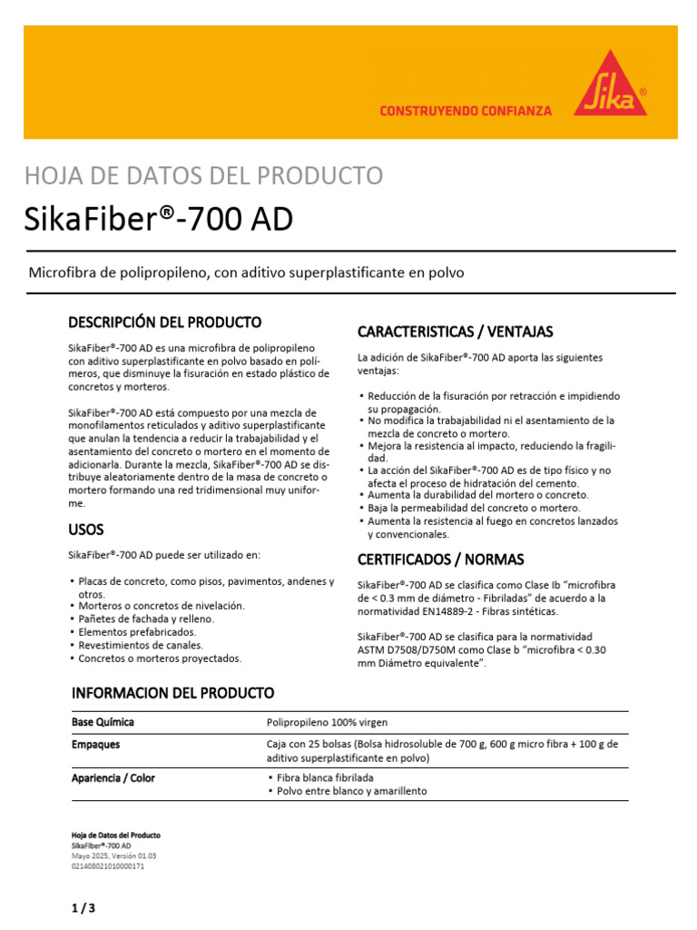 SikaFiber®-700 AD: Microfibra para Concreto | PDF | Hormigón | Material ...