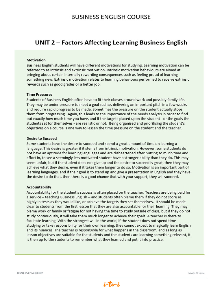 Unit 2 - Factors Affecting Learning Business English | PDF ...