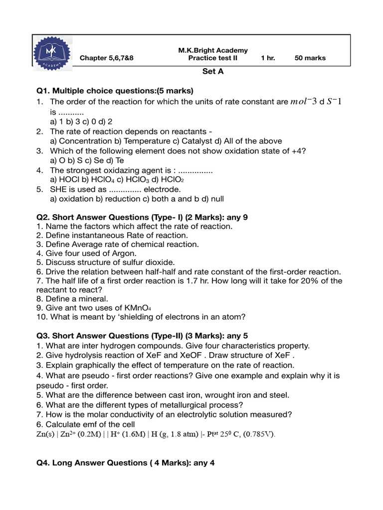 Chemistry practice test 2 | PDF | Chemical Reactions | Redox