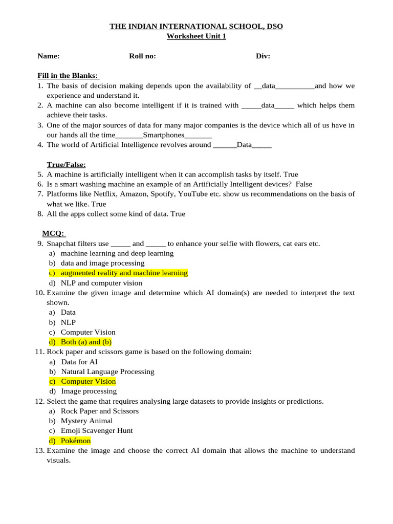 Grade 10 AI Worksheet W1 Q | PDF | Machine Learning | Artificial ...
