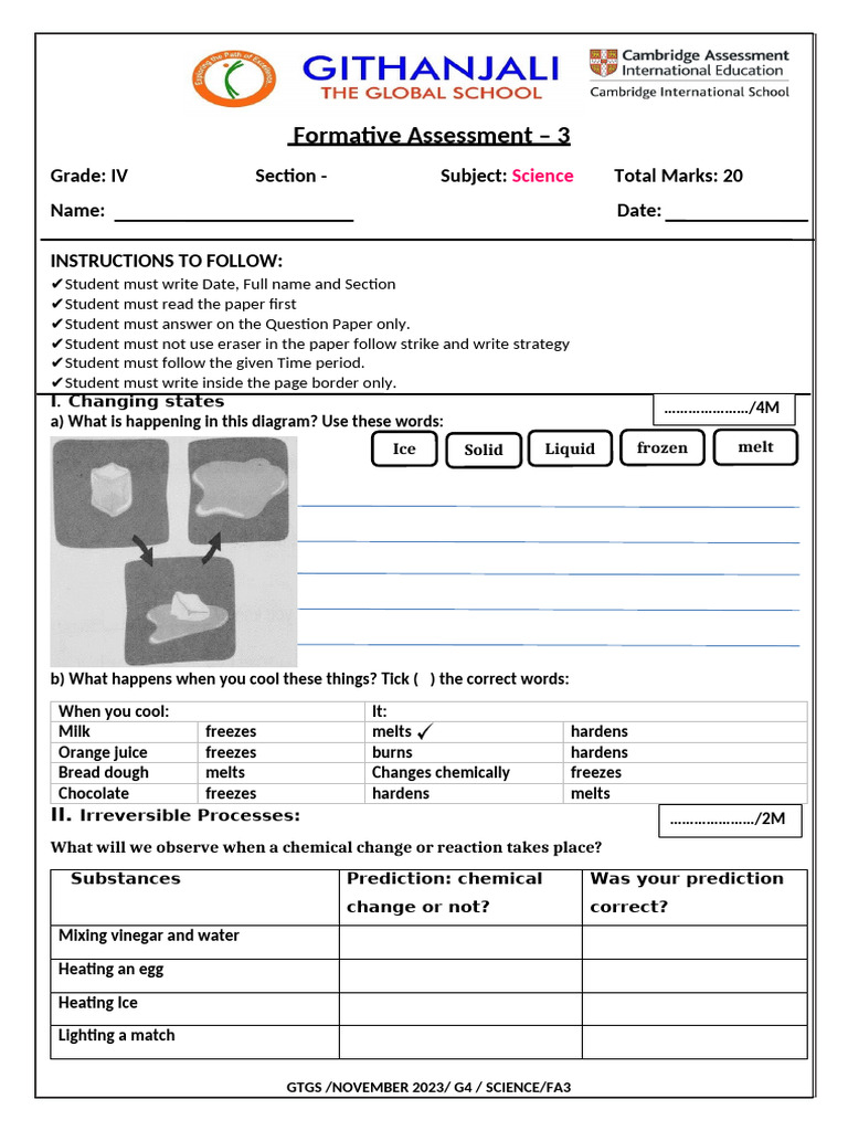 Grade 4 Science Formative Assessment | PDF | Freezing | Ice