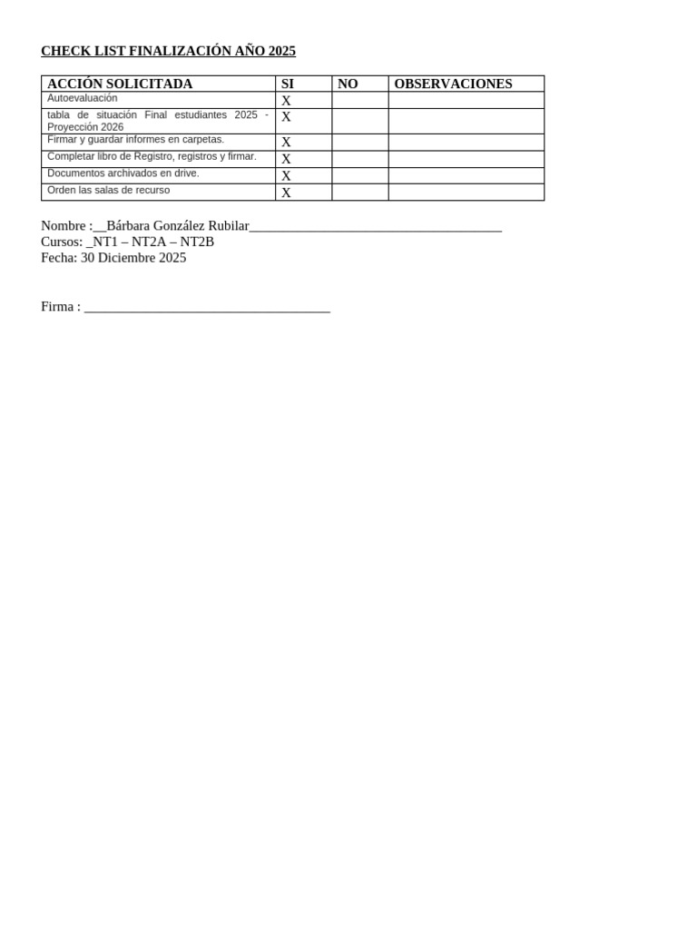 Check List Fin de Semestre Profesionales PIE | PDF