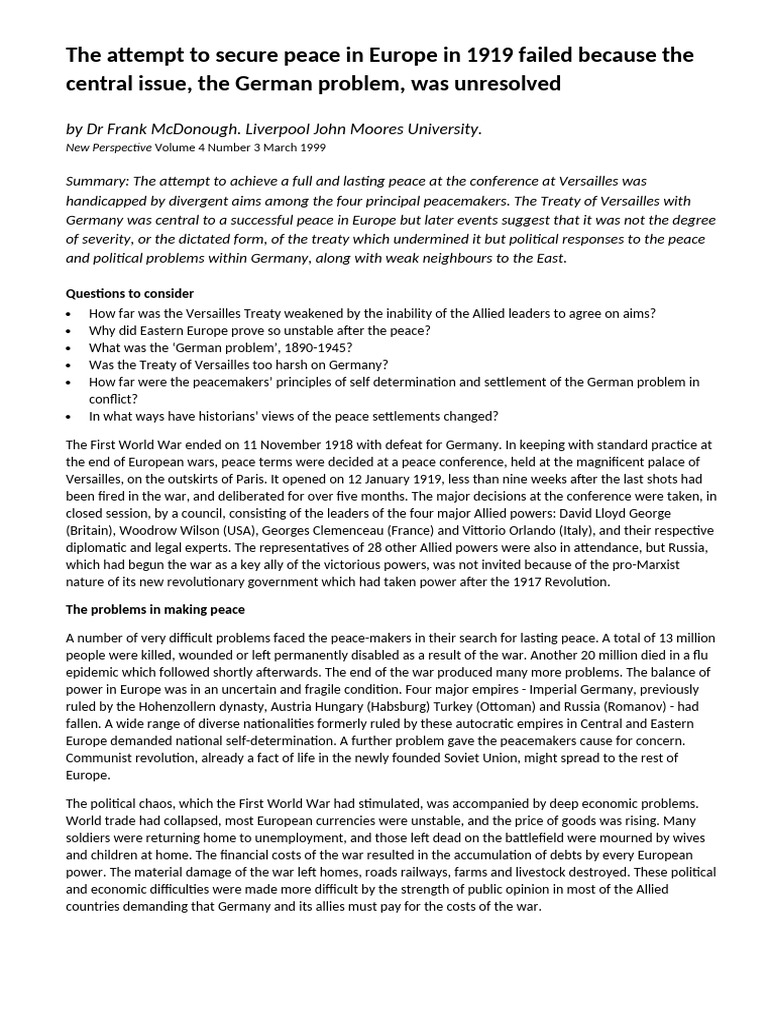 Article on the Problem of the Paris Peace Settlement by Prof Frank ...