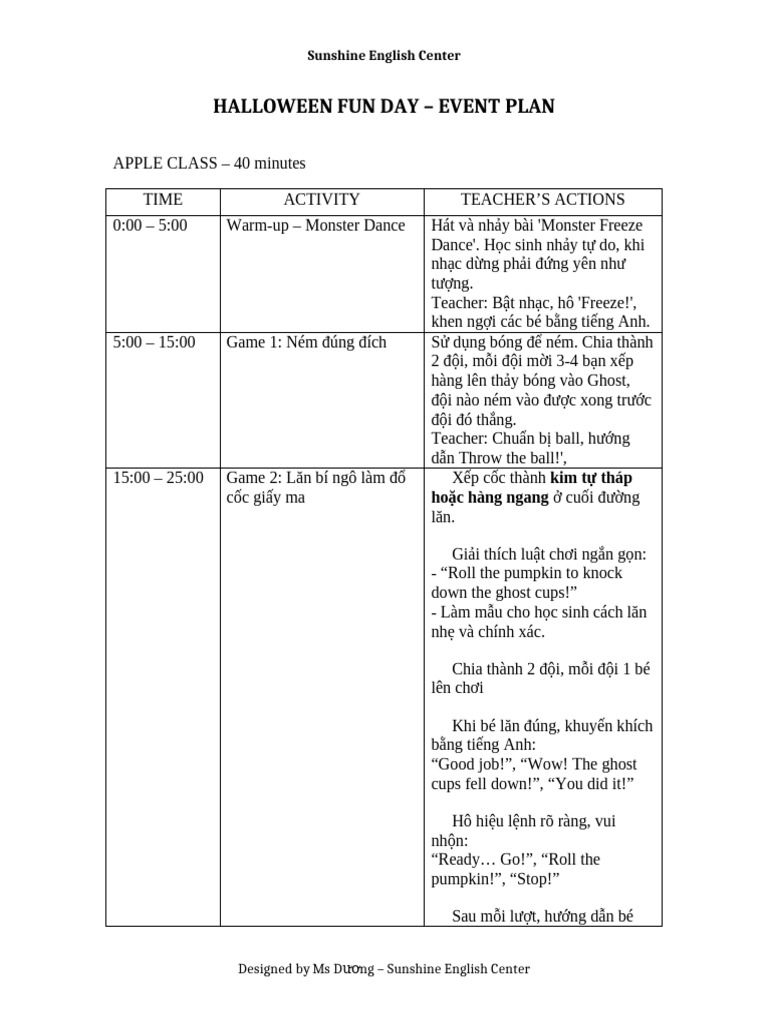 HALLOWEEN FUN DAY – EVENT PLAN (Sunshine English Center) | PDF