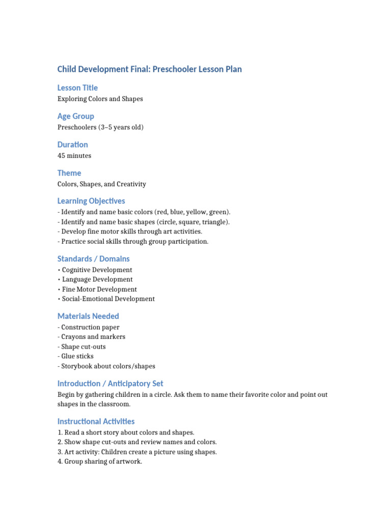 Preschool Lesson Plan: Colors & Shapes | PDF