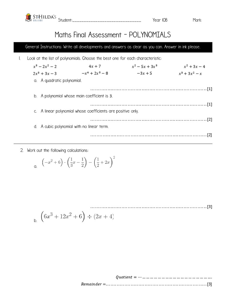 Year 10B Maths Assessment: Polynomials | PDF | Polynomial ...