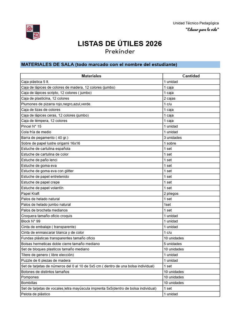 Lista-de-utiles-2026-Primer-Ciclo-PK° | PDF | Materiales de Conservación y Restauración | Papelería