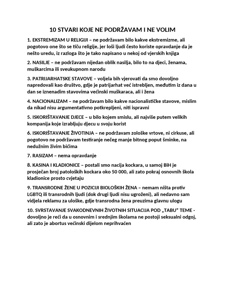 10 Stvari Koje Ne Podr%c5%Bdavam i Ne Volim | PDF