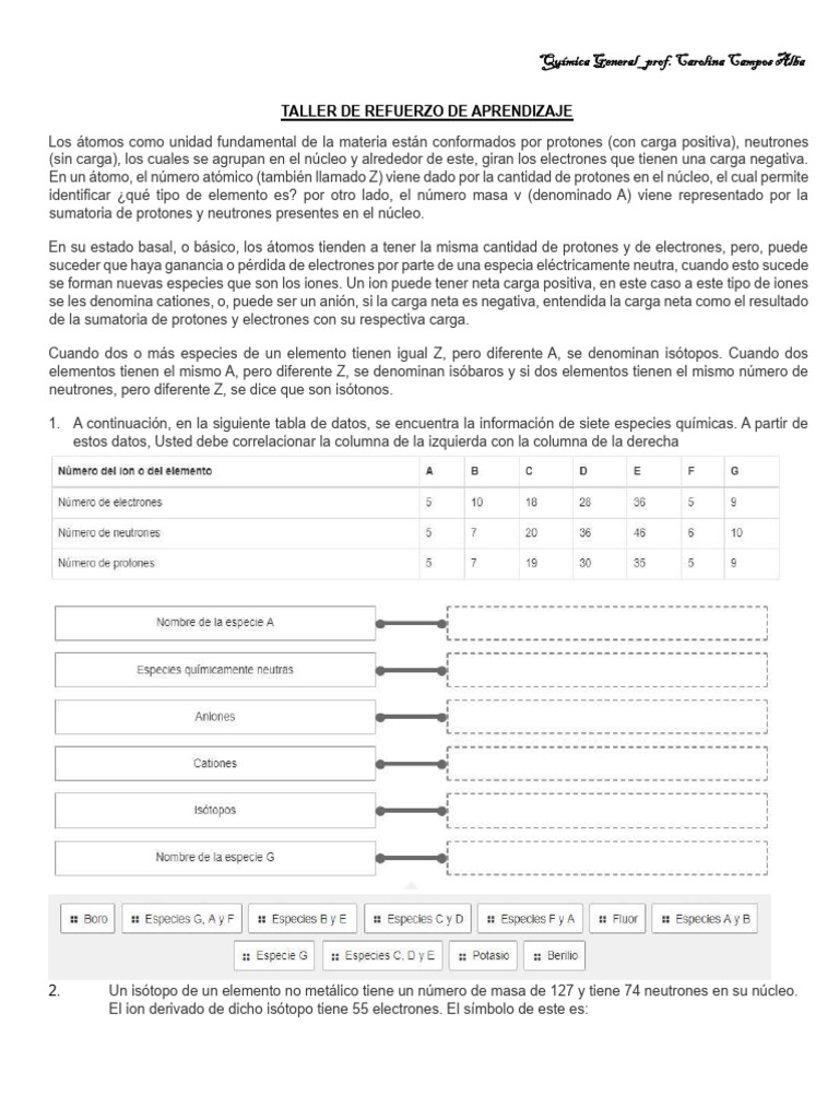 TALLER Config Atom Nomencl Estudiantes 31102025 | PDF | Protón | Neutrón