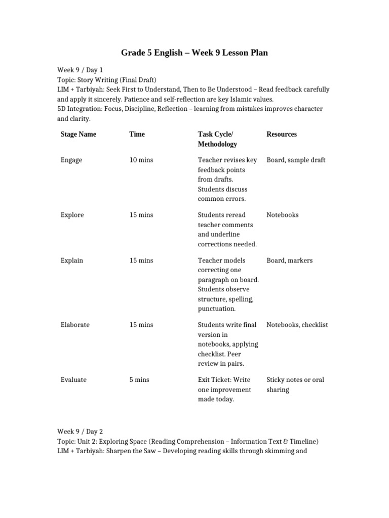 Grade 5 English Week 9 Lesson Plan | PDF | Reading Comprehension ...