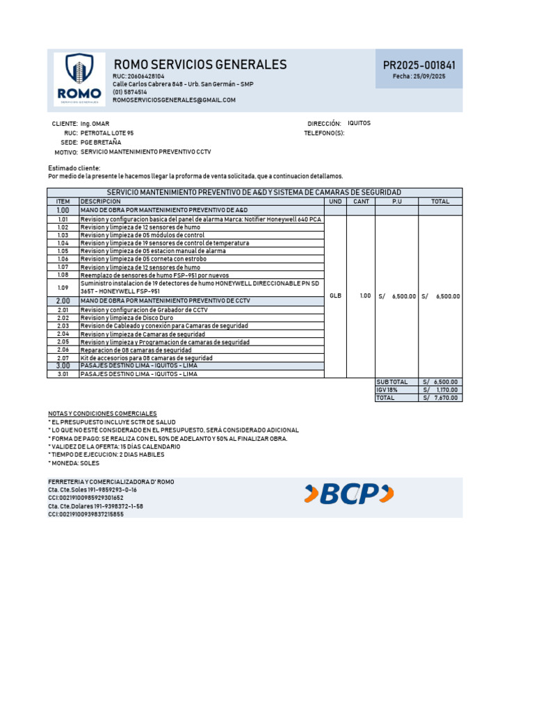 Proforma de Mantenimiento Preventivo CCTV | PDF