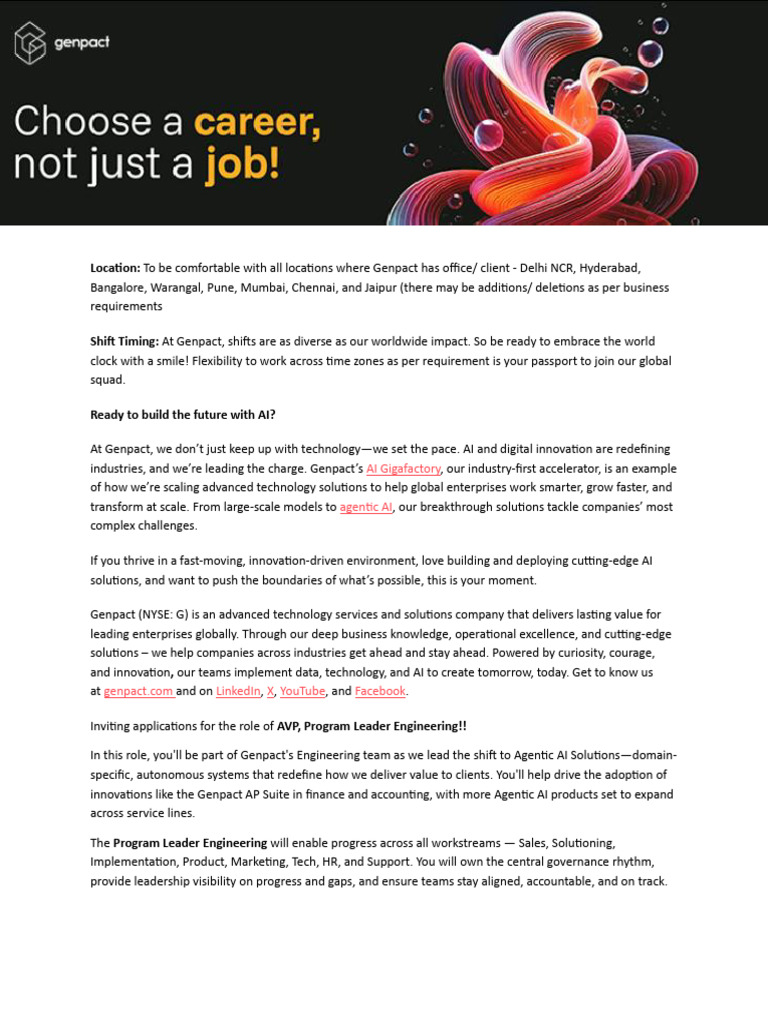 AVP Program Leader Engineering Role at Genpact | PDF | Artificial ...