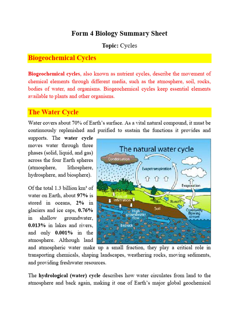 Cycles Summary Sheet | PDF | Water | Water Cycle