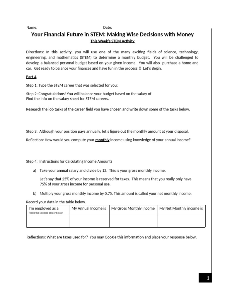 STEM Activity - Your Financial Future in STEM a Budget Activity ...
