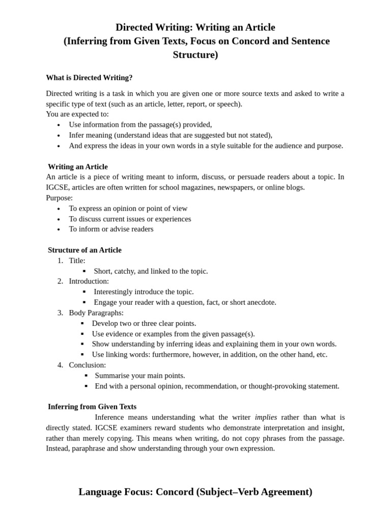 Article Writing Guide for IGCSE | PDF | Grammatical Number | Subject ...