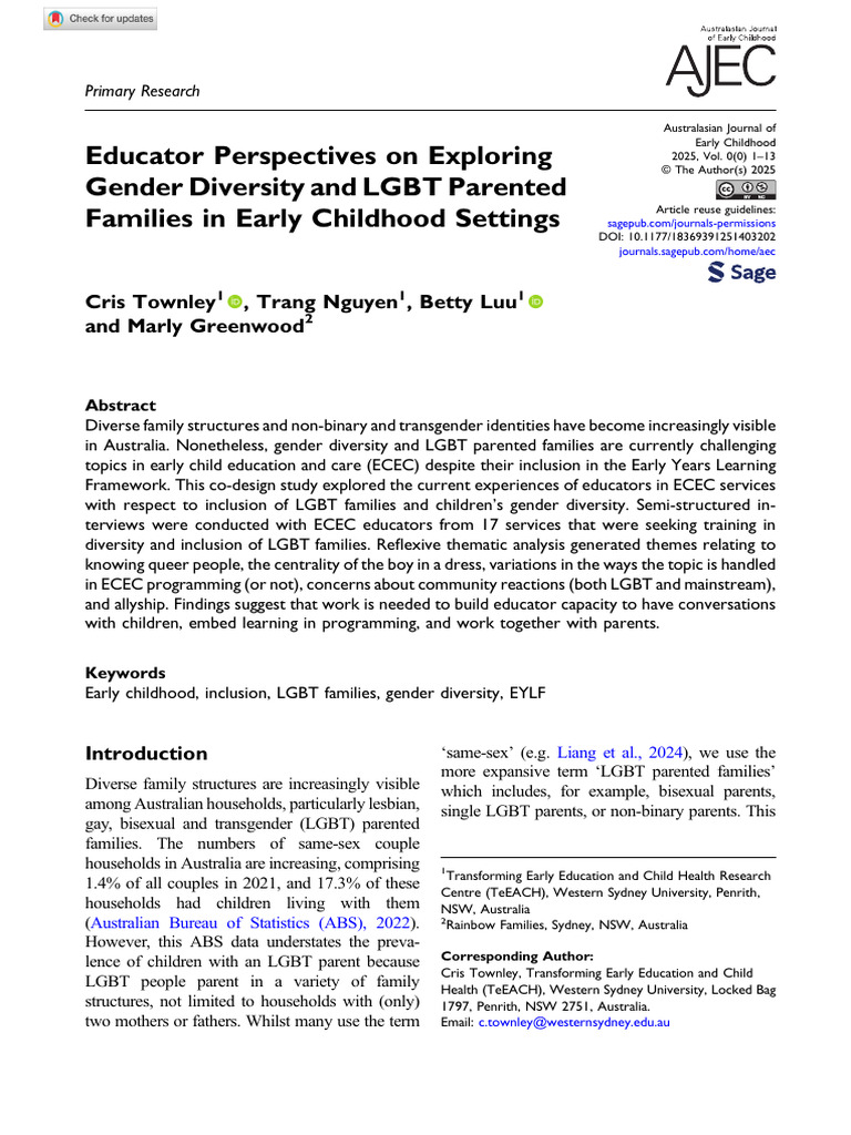 Educator Perspectives on Exploring Gender Diversity and LGBT Parented ...