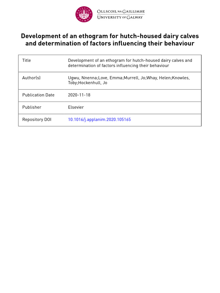 Developement of Ethogram for Hutchhoused Dairy Calves Revised | PDF