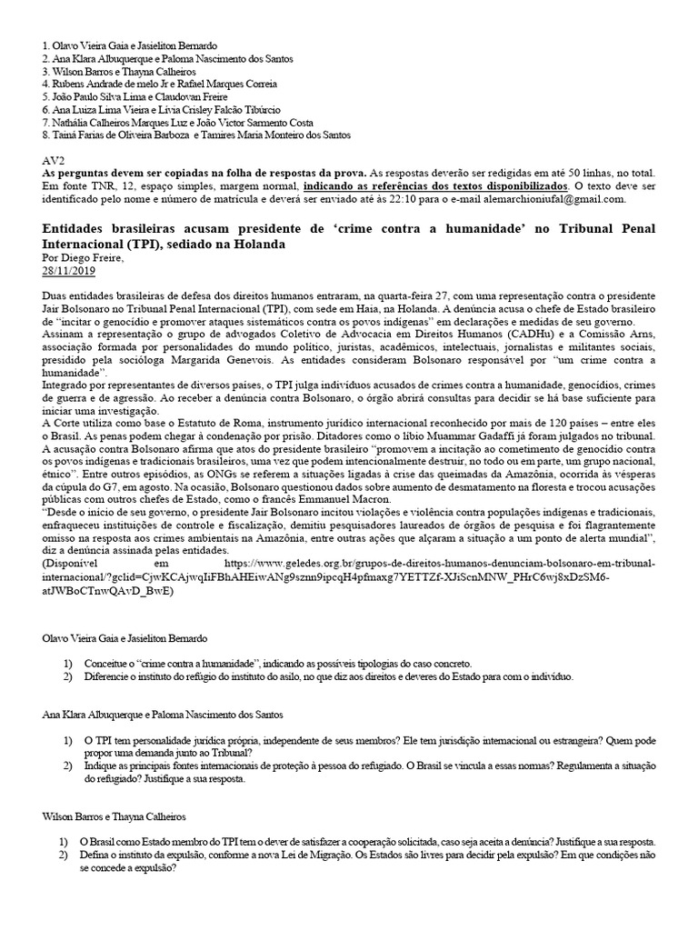 AV2 DIP2 | PDF | Tribunal Penal Internacional (TPI) | Nacionalidade