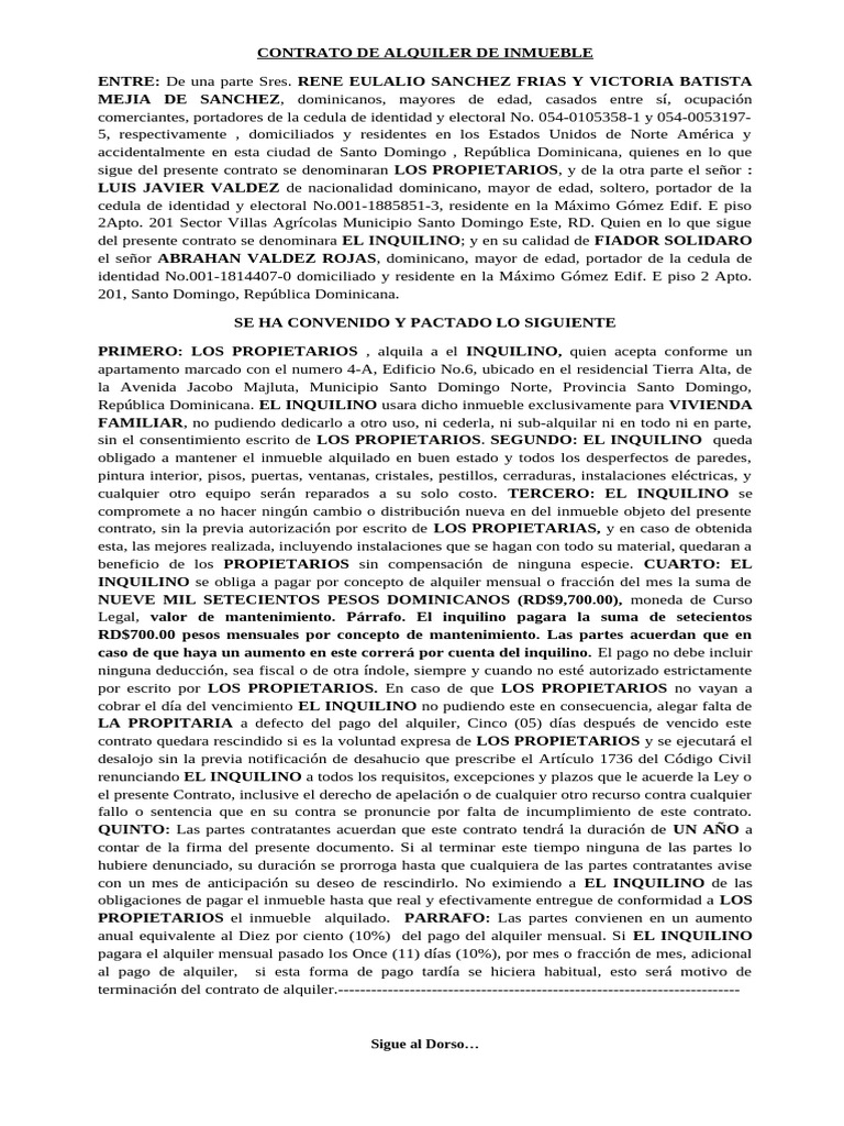 CONTRATO DE ALQUILER DE INMUEBLE MARISOL LUIS JAVIER LISTO | PDF | Desalojo