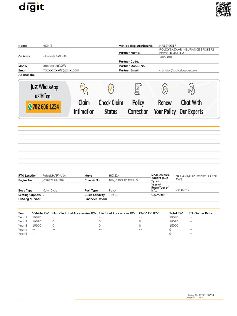 Digit Two-Wheeler Insurance Policy Details | PDF | Insurance | Indemnity