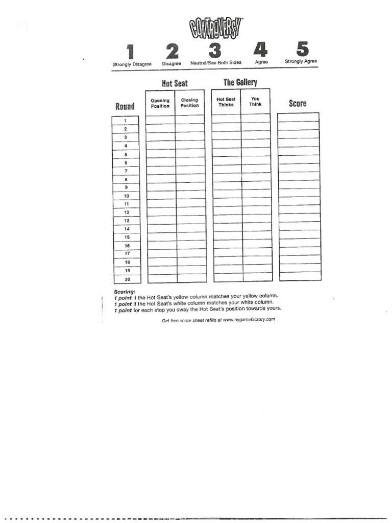 Controversy Game Scoresheet | PDF