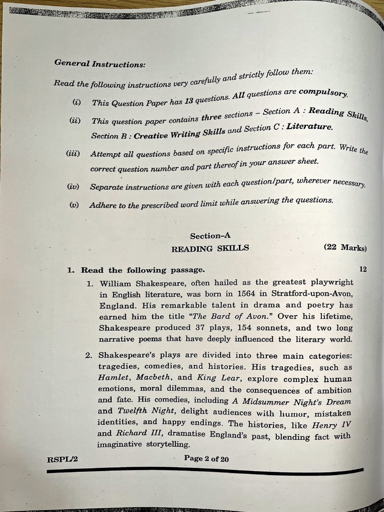 English Sample Paper 2 | PDF