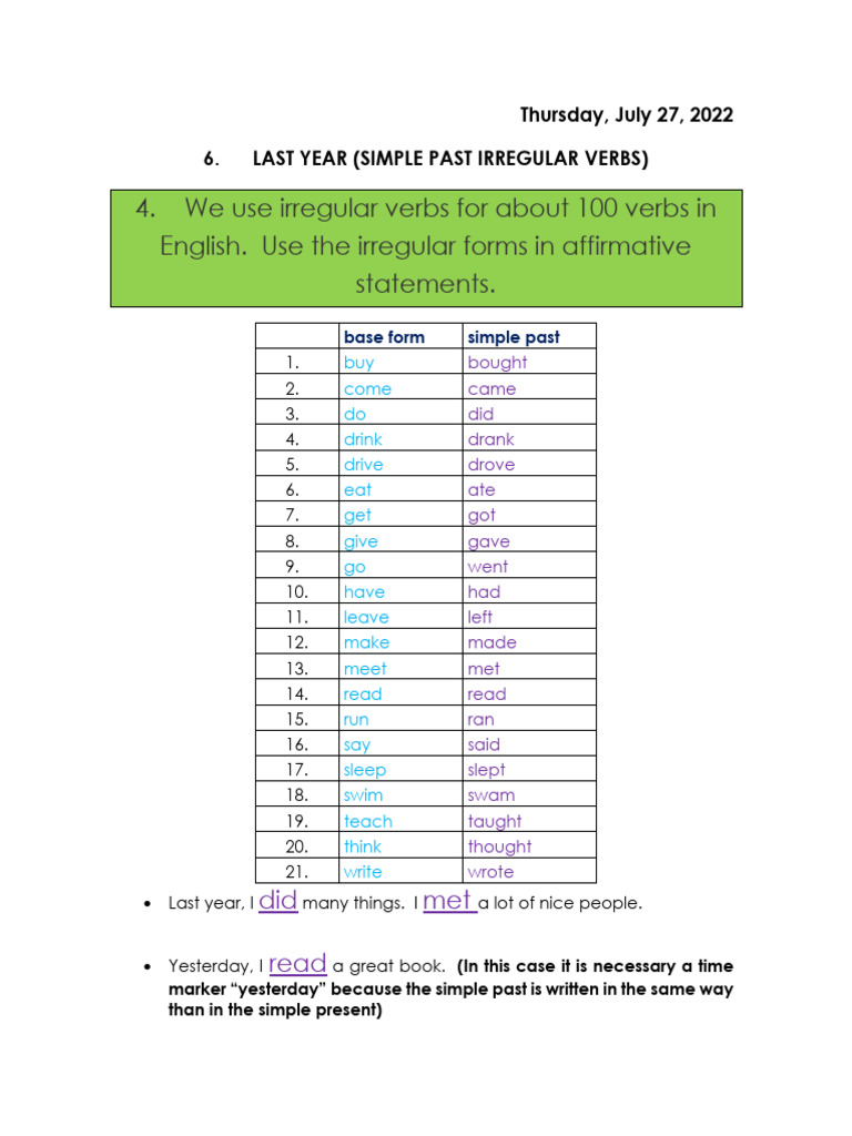 6. Simple past irregular verbs and negatives | PDF | Linguistics | Syntax