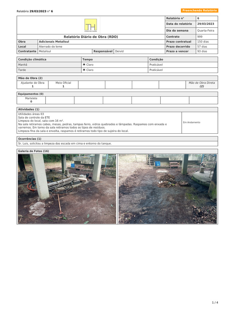 Relatório Diário de Obra (RDO) n° 6 - 29-03-2023 | PDF