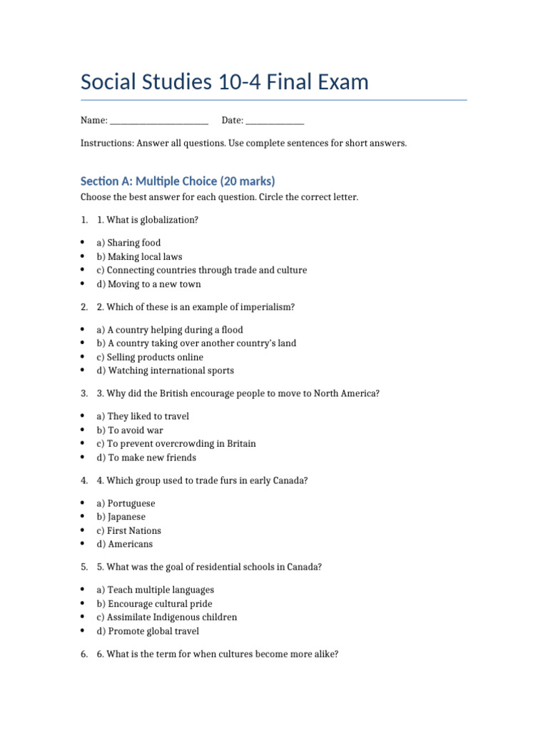Social Studies 10-4 Exam Guide | PDF | Globalization | Economies
