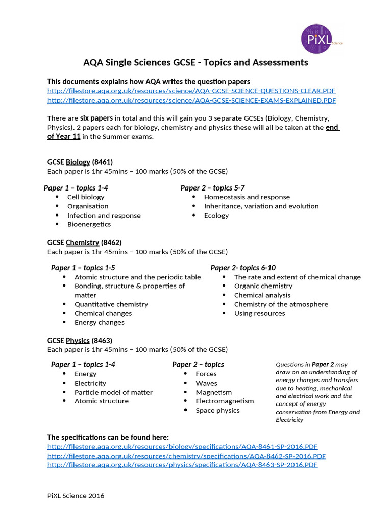 AQA GCSE Science Topics & Exams Guide | PDF | Chemistry | Physics
