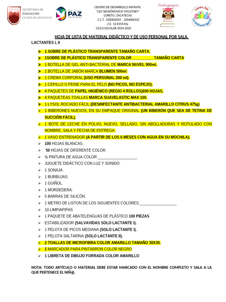 04 Lista de Material Didactico y de Uso Personal Por Sala 2023 | PDF