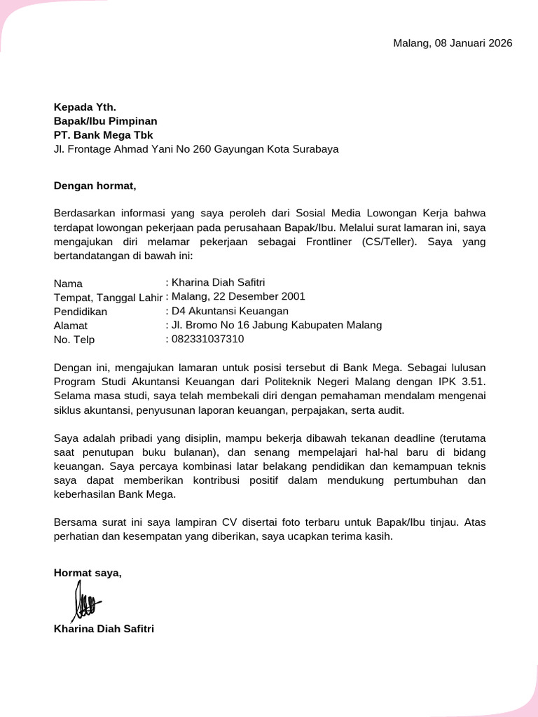 Lamaran Pekerjaan Frontliner Bank Mega | PDF