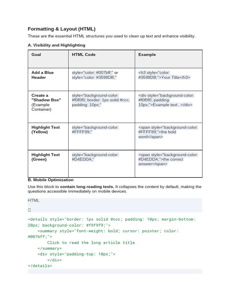 Formatting & Layout (HTML) | PDF