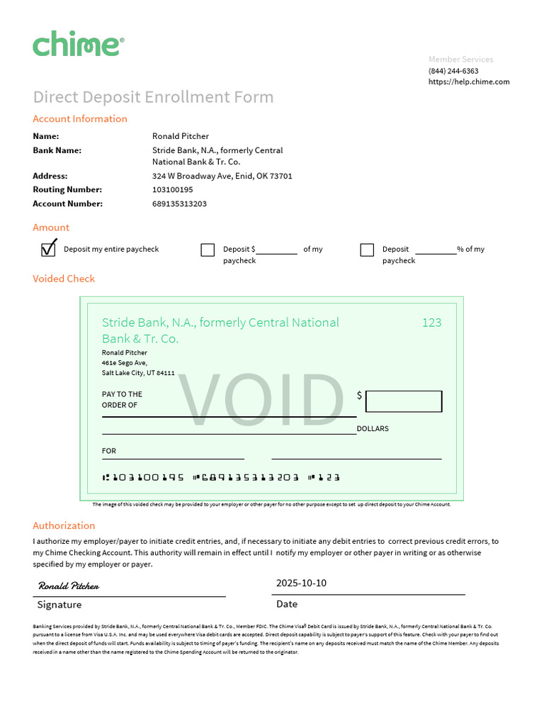 Chime Direct Deposit Enrollment Form | PDF | Banks | Paycheck