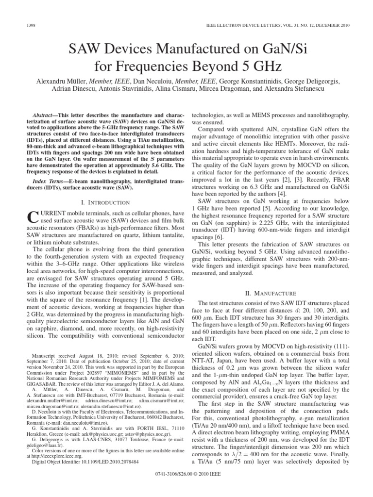 SAW Devices Manufactured on GaN Si for Frequencies Beyond 5 GHz | PDF ...