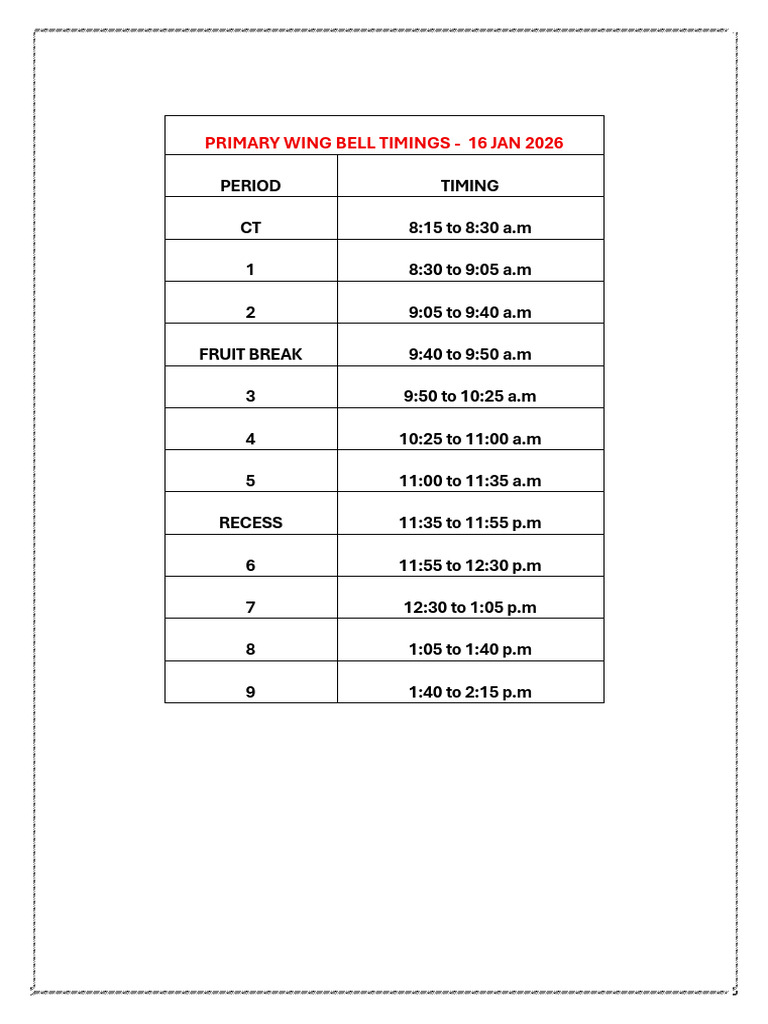 Primary Wing Bell Timings 2026 | PDF