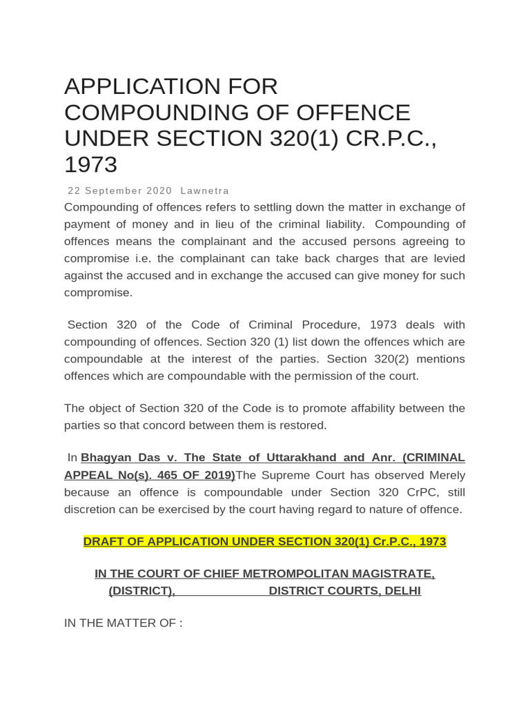 APPLICATION FOR COMPOUNDING OF OFFENCE UNDER SECTION 320 of cr pc draft ...