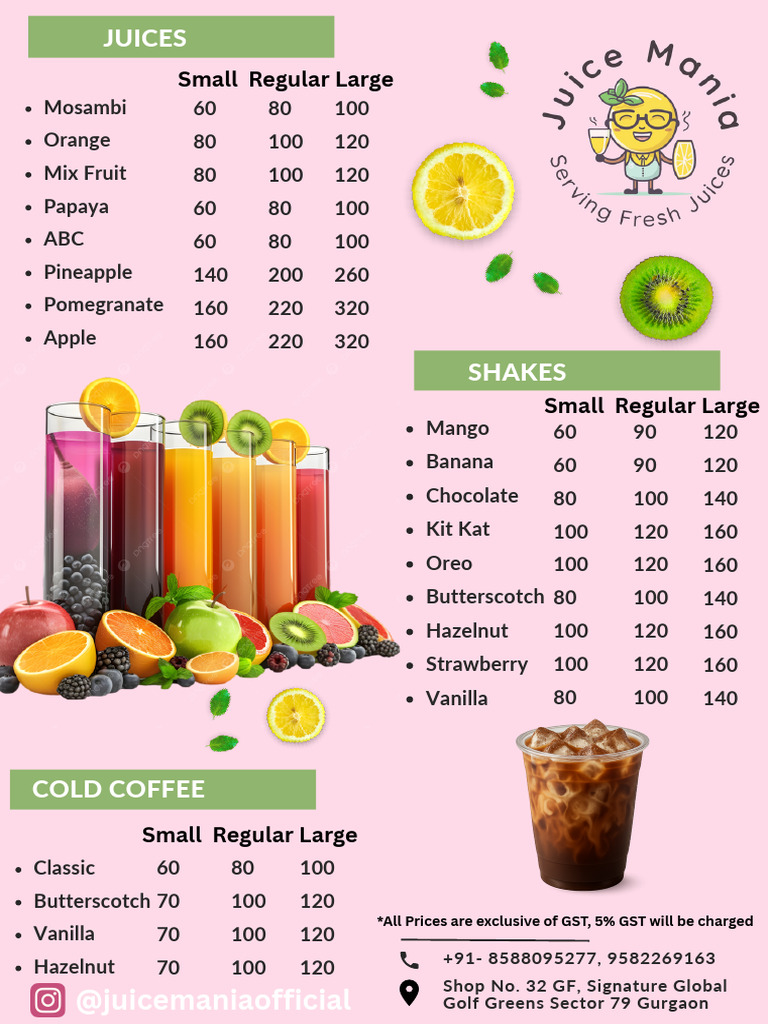 Juice Mania Menu | PDF | Hamburgers | Drink