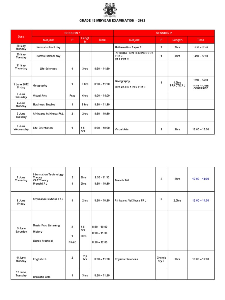 Grade 12 Final Midyear Timetable 2012 | PDF