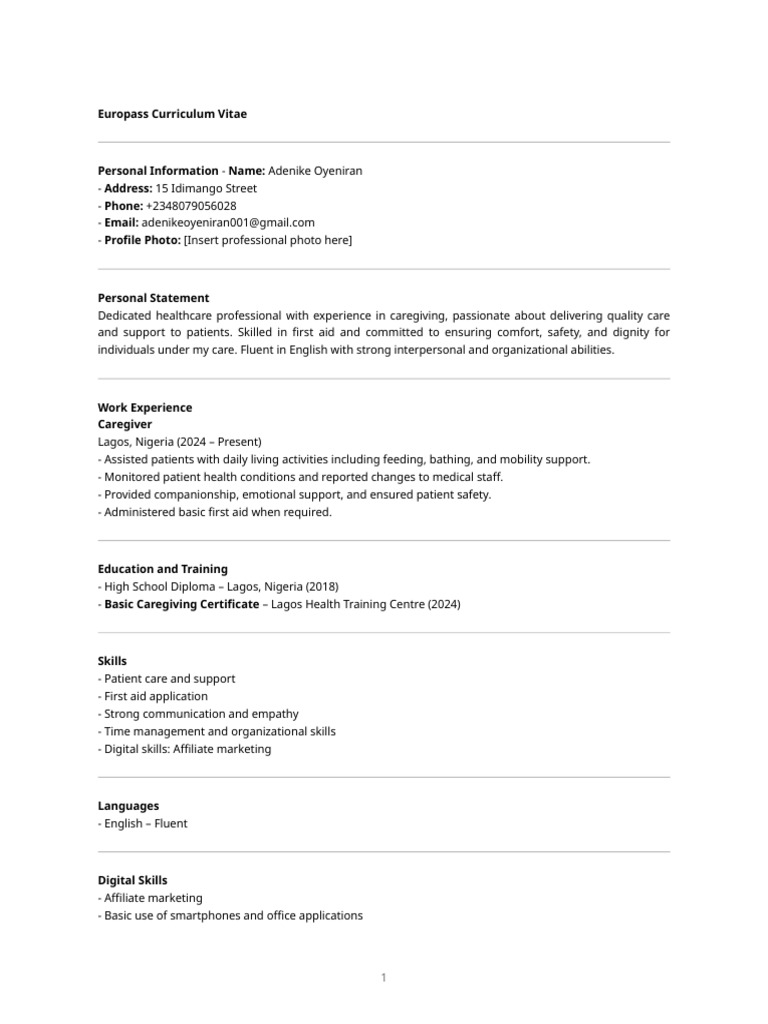 Caregiver Cv Cover | PDF | Caregiver | Health Care