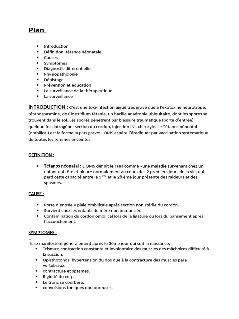 Tétanos néonatal : causes, symptômes et prévention | PDF | Spécialités ...