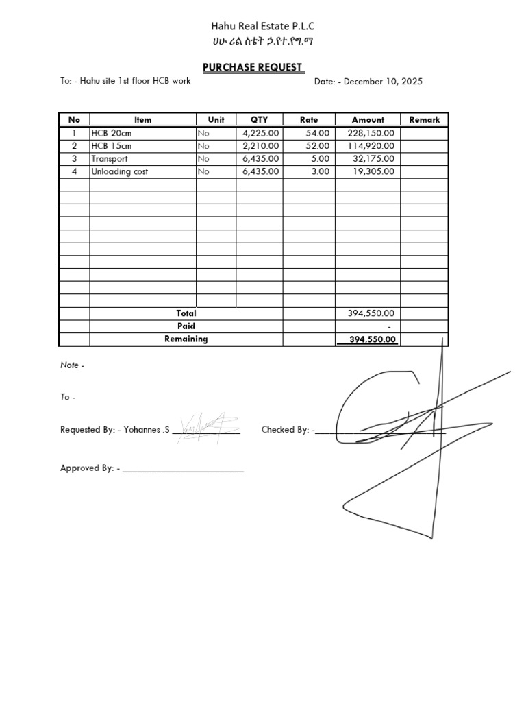 Purchase Request Hahu Real Estate PLC Request 32 | PDF