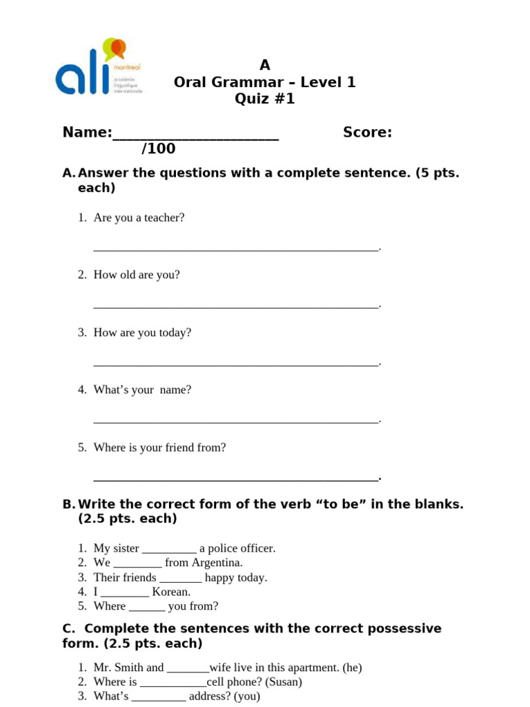L1 Grammar Quiz 1 (New 2018) | PDF