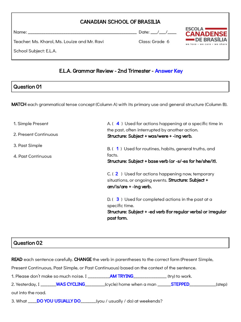 ANSWERS EL62 - Grammar Review | PDF | Subject (Grammar) | Verb