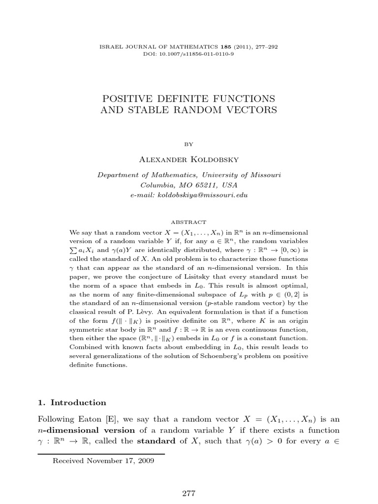 Koldobsky Positive Definite Functions and Stable Random Vectors | PDF ...